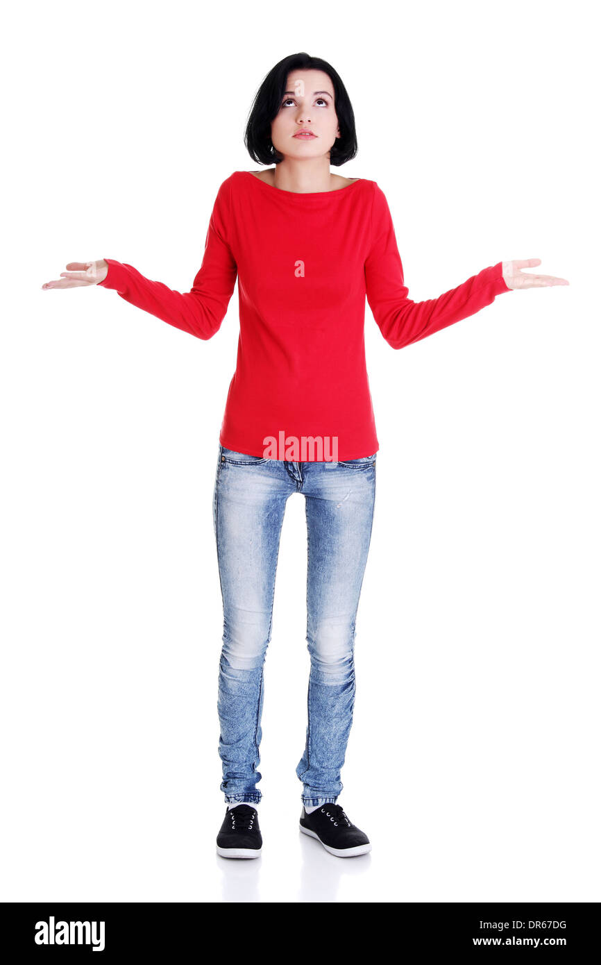 Young female gesturing do not know sign ,against white background Stock ...