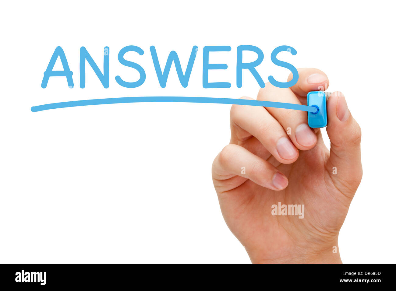 Hand writing Answers with blue marker on transparent wipe board Stock ...