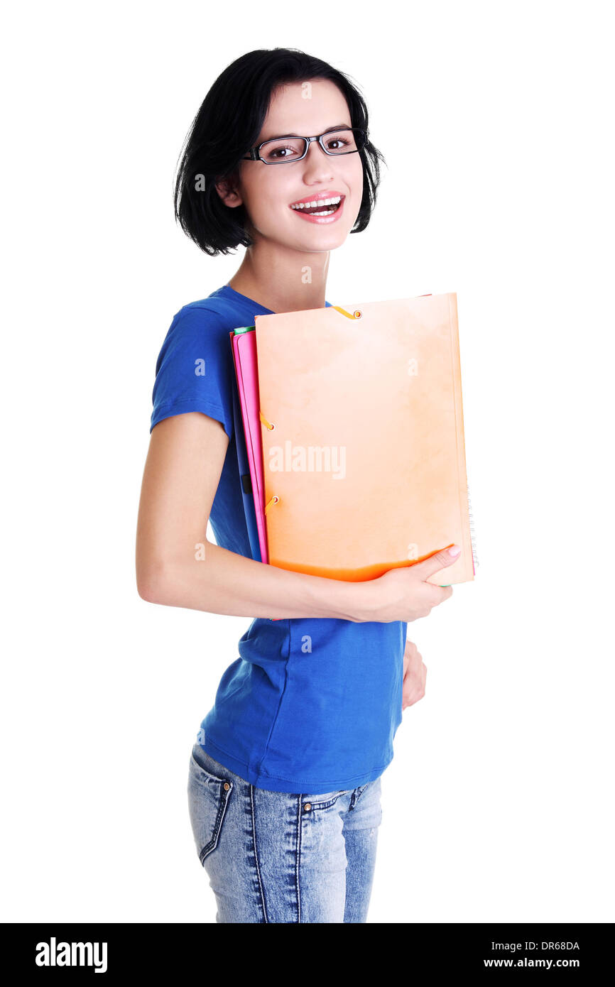 Happy student woman with notebooks, isoalted on white background Stock ...
