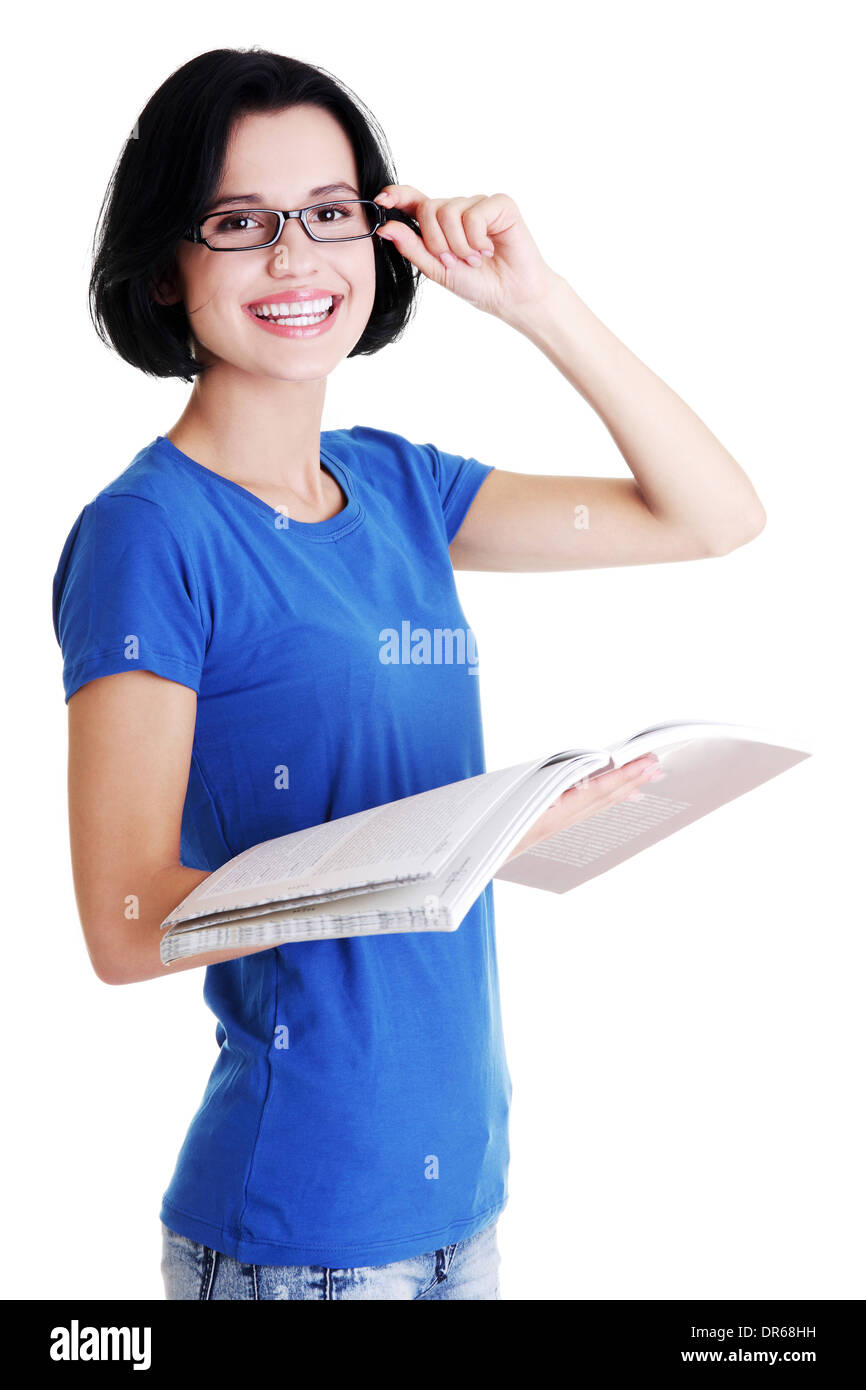 Happy student woman with notebooks, isoalted on white background Stock ...