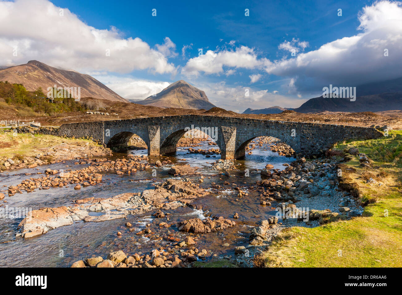 Old Bridge over the River Sligachan in front of the Cuilin Hills, Isle ...