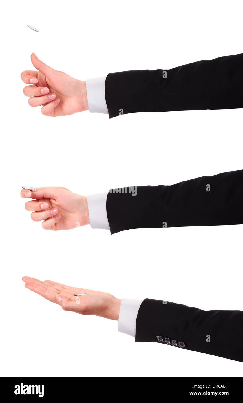 Businessman's hand flipping a coin isolated on white background Stock ...