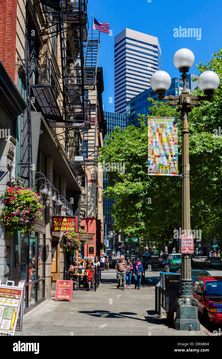 View down 1st Avenue in the Pioneer Square district of downtown Seattle ...
