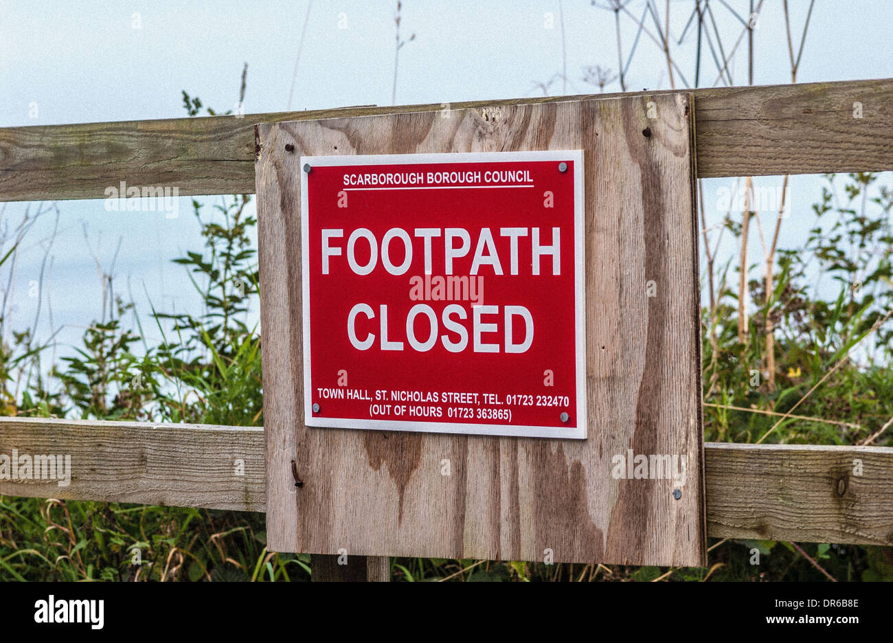 Coastal Footpath closed sign in Scarborough, UK, due to erosion Stock ...