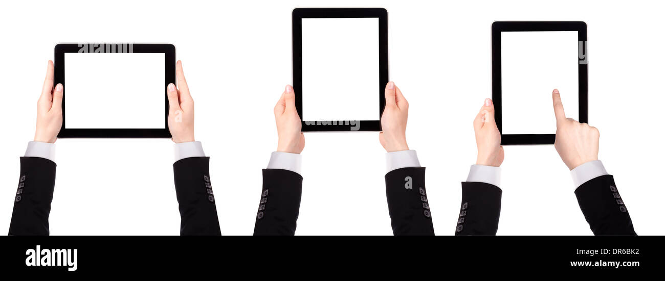 Touch screen tablet computer with blank screen and Businessman hand ...