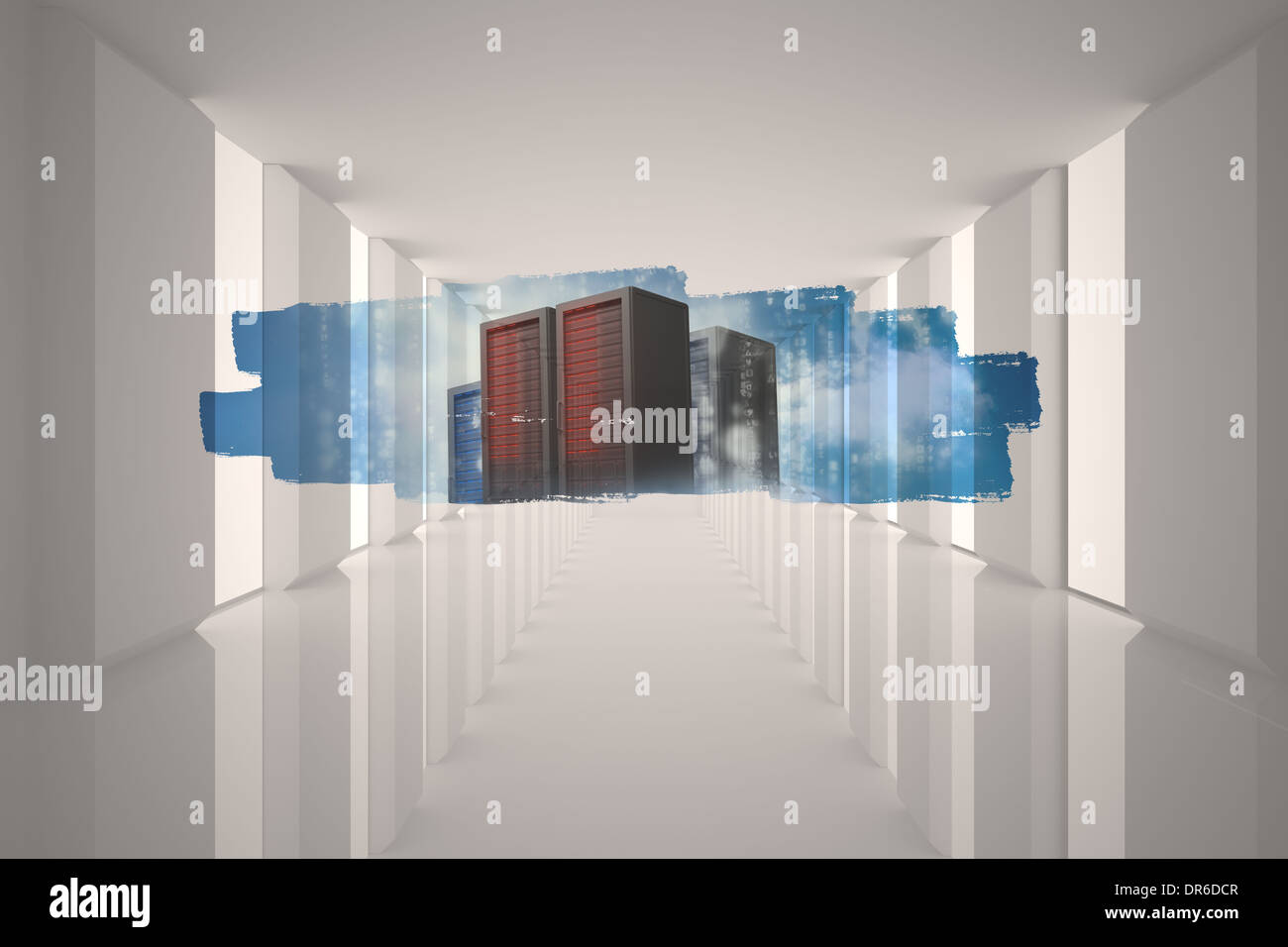 Abstract screen in room showing server towers Stock Photo - Alamy