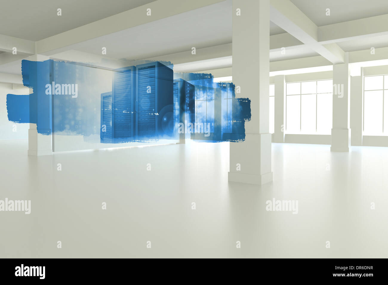 Abstract screen in room showing tower servers Stock Photo - Alamy