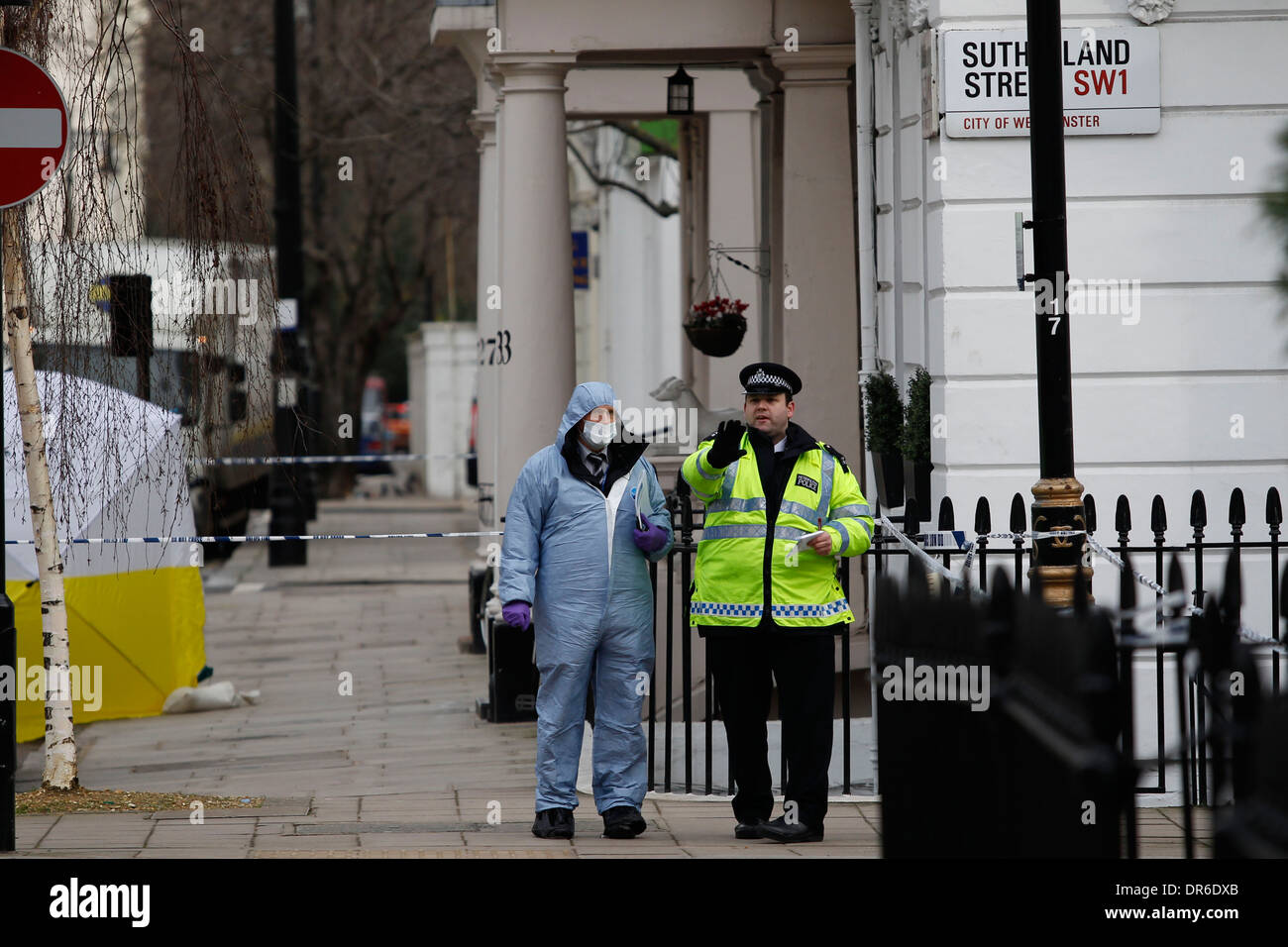 Police forensic in a cordon at a crime scene in Lupus Street Pimlico ...