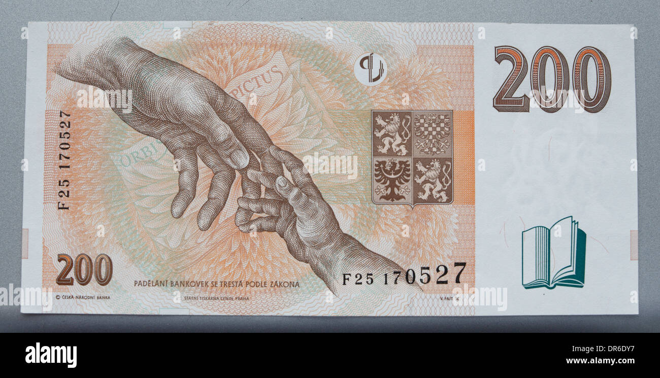 The reverse side of the Czech Republic 200 Koruna banknote featuring ...