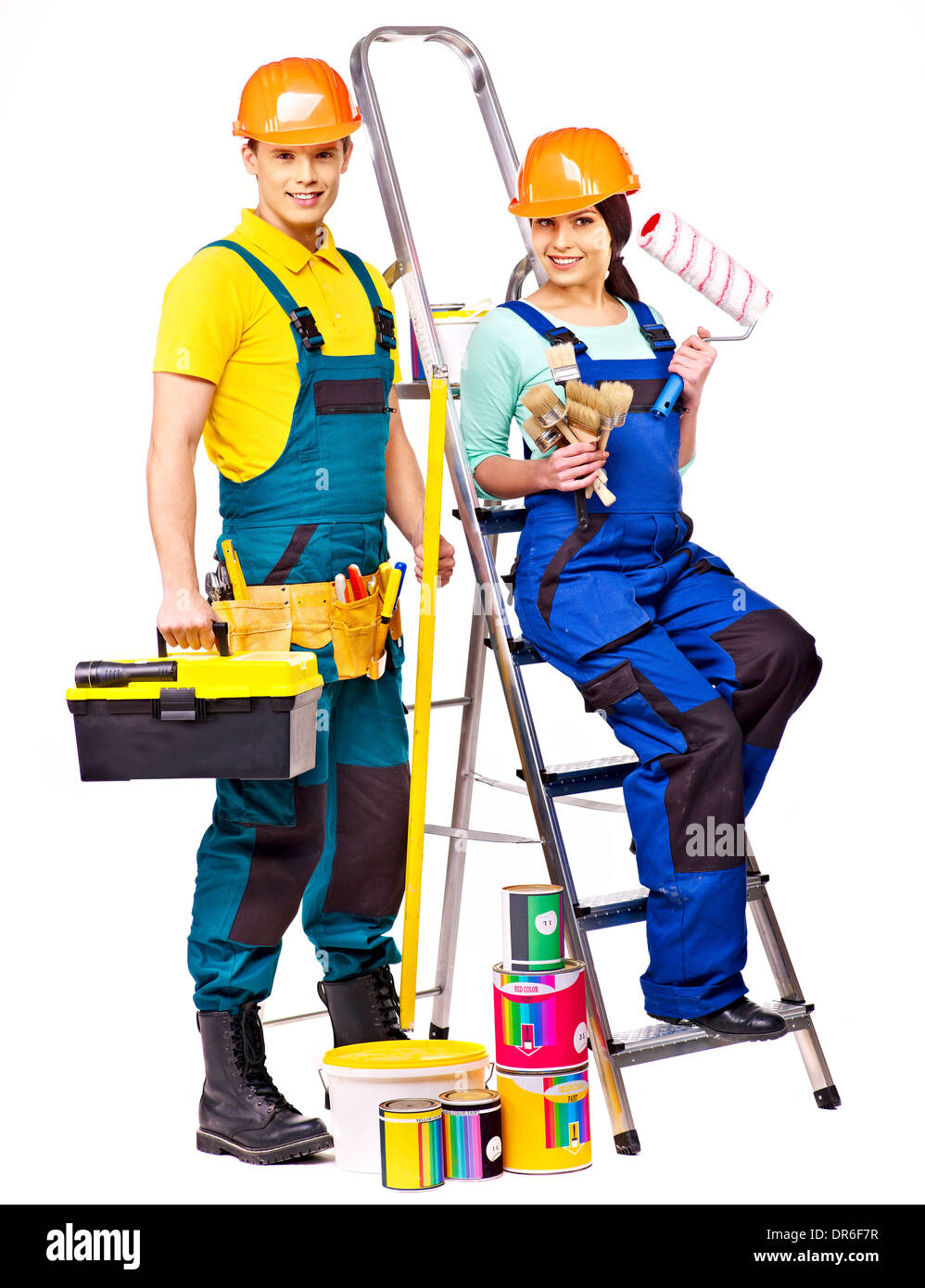 Couple builder with construction tools Stock Photo - Alamy