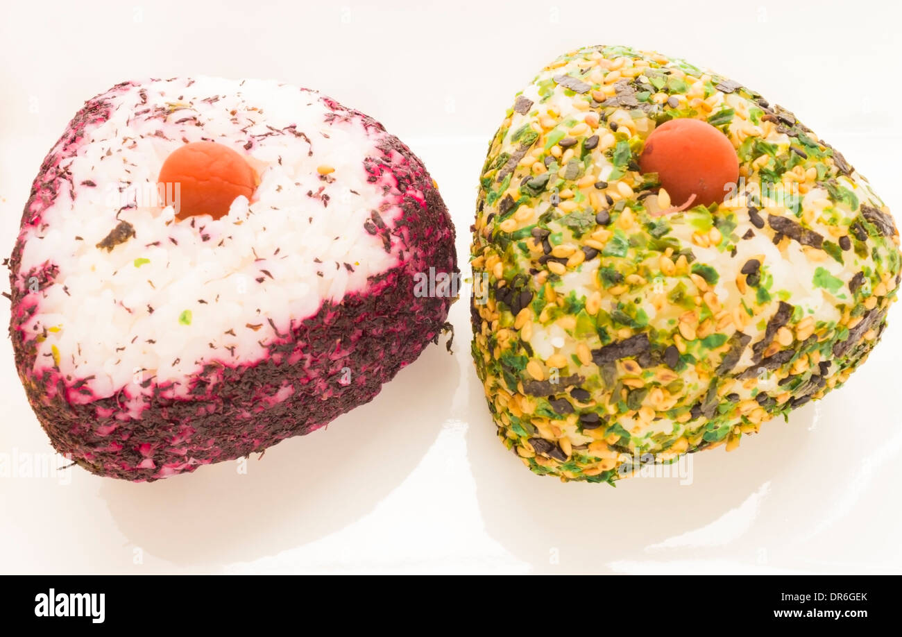 Common Hawaiian food, ume rice musubi, one with yukari and one with ...