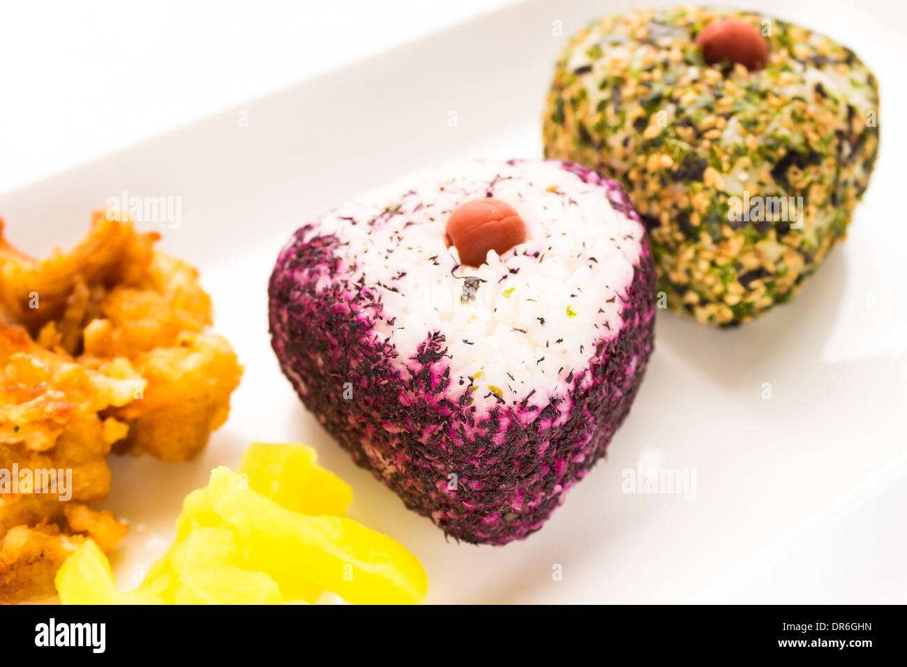 Common Hawaiian food, ume rice musubi, one with yukari and one with ...