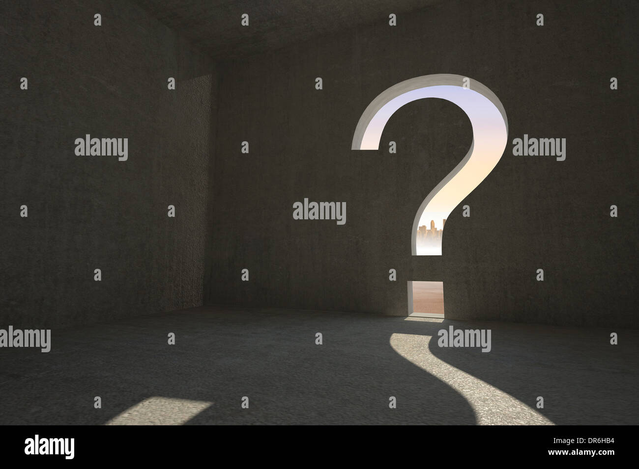 Question mark door in dark room Stock Photo - Alamy