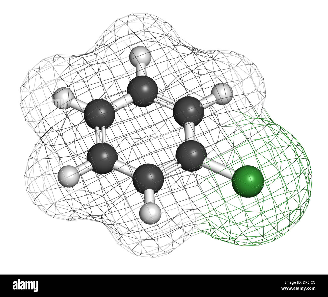 Chlorobenzene industrial solvent molecule. Atoms are represented as ...