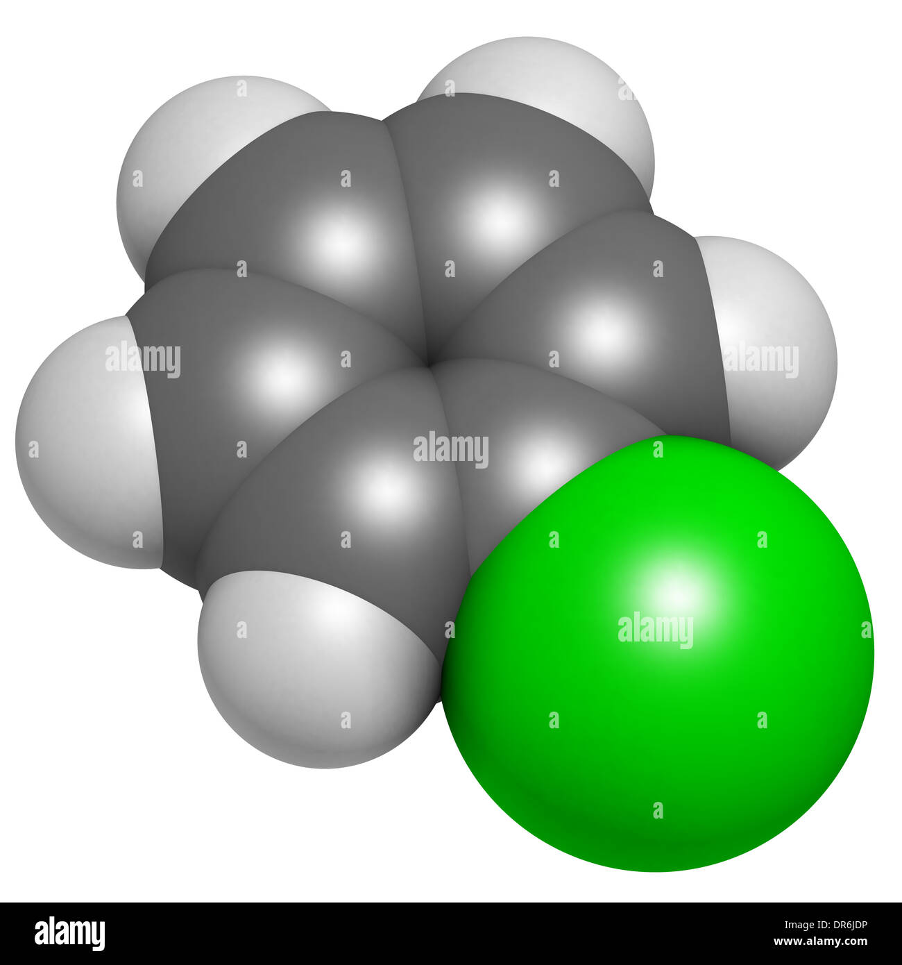 Chlorobenzene industrial solvent molecule. Atoms are represented as ...