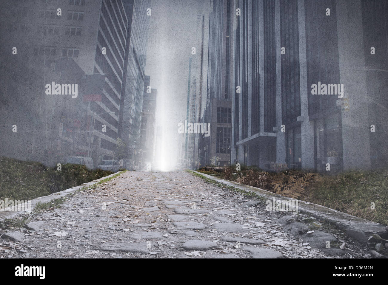 Cityscape projection above stony path Stock Photo - Alamy