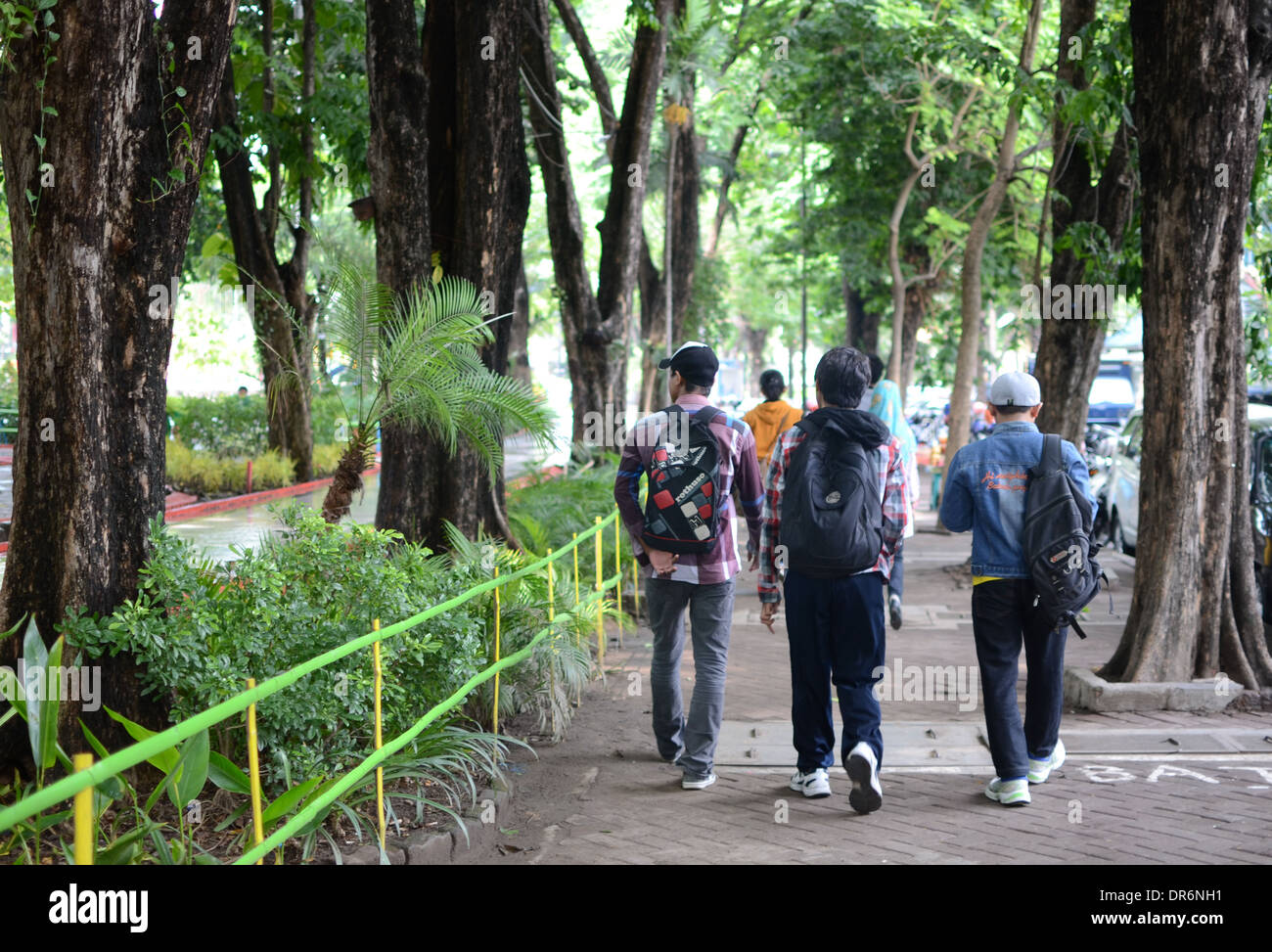 Residents walk along a path under the shade from trees in Bungkul Park ...