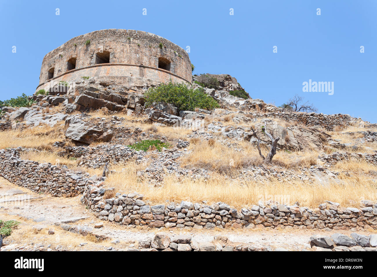 Main building in the leper colony ruins of Spinalonga in Crete Island ...