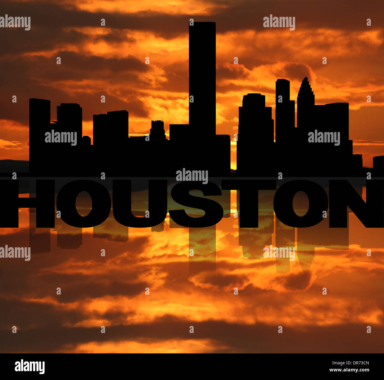 Houston skyline reflected with text and sunset illustration Stock Photo ...