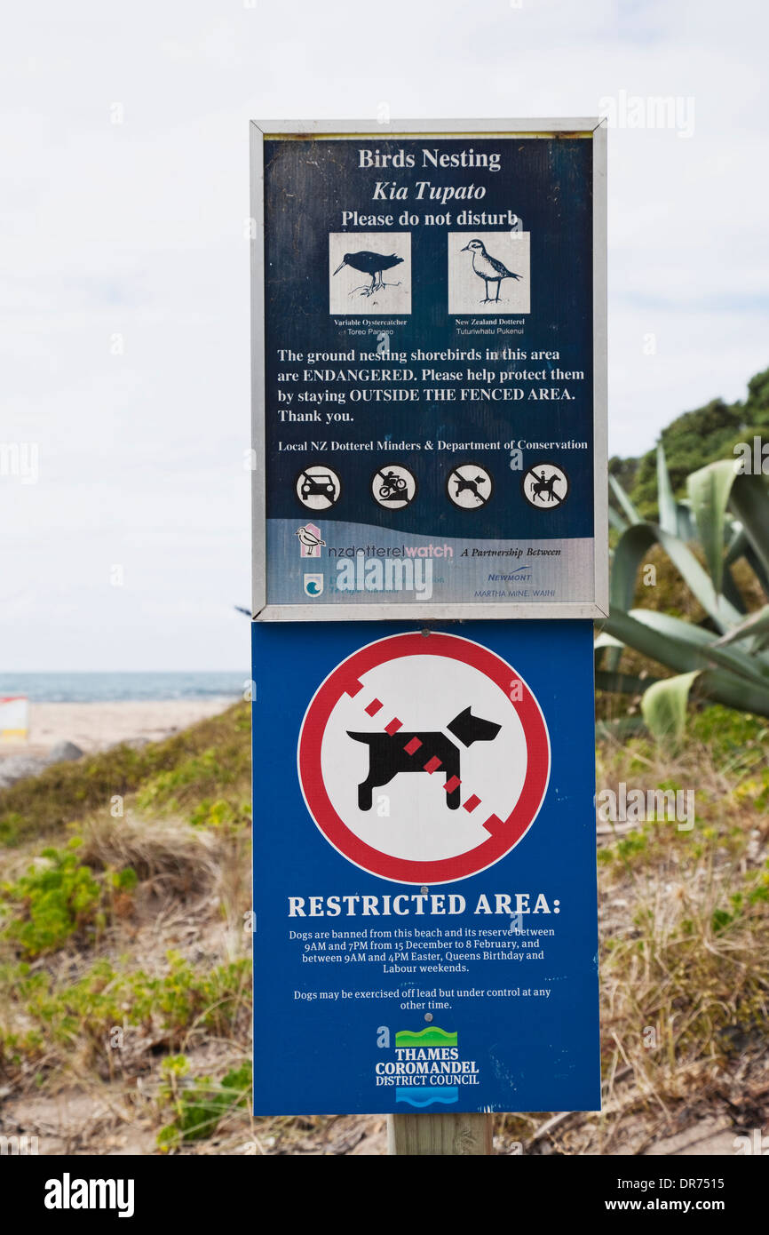 New Zealand, Coromandel Peninsula, Bird and wildlife protection sign ...