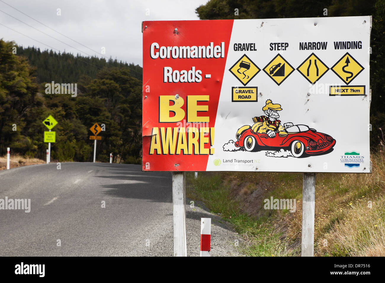 New Zealand, Coromandel Peninsula, Attention sign at costal road Stock ...