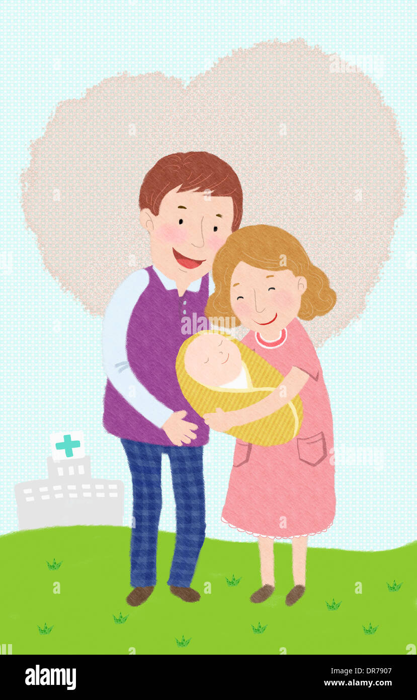 illustration of parents with new born baby Stock Photo - Alamy
