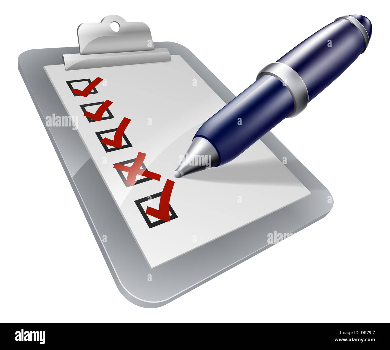 Survey clip board icon with pen ticking or crossing boxes on a survey ...