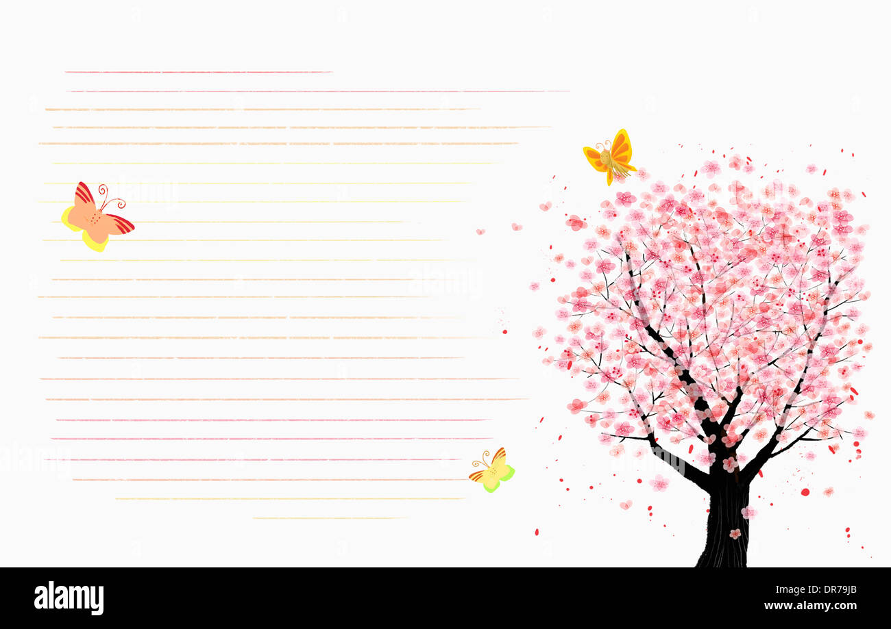 illustration of letter template with cherry tree Stock Photo - Alamy