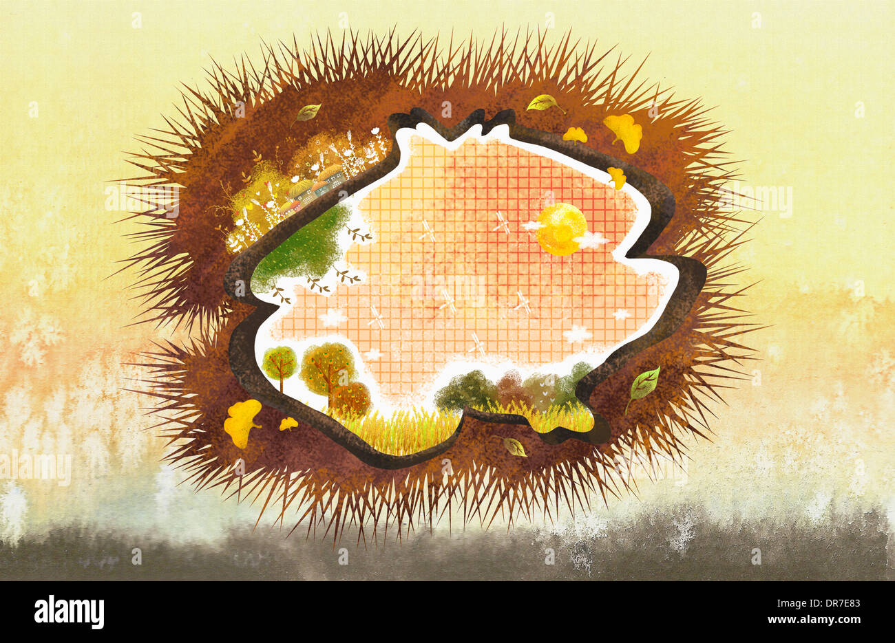 illustration of autumn inside a shape of a chestnut Stock Photo - Alamy
