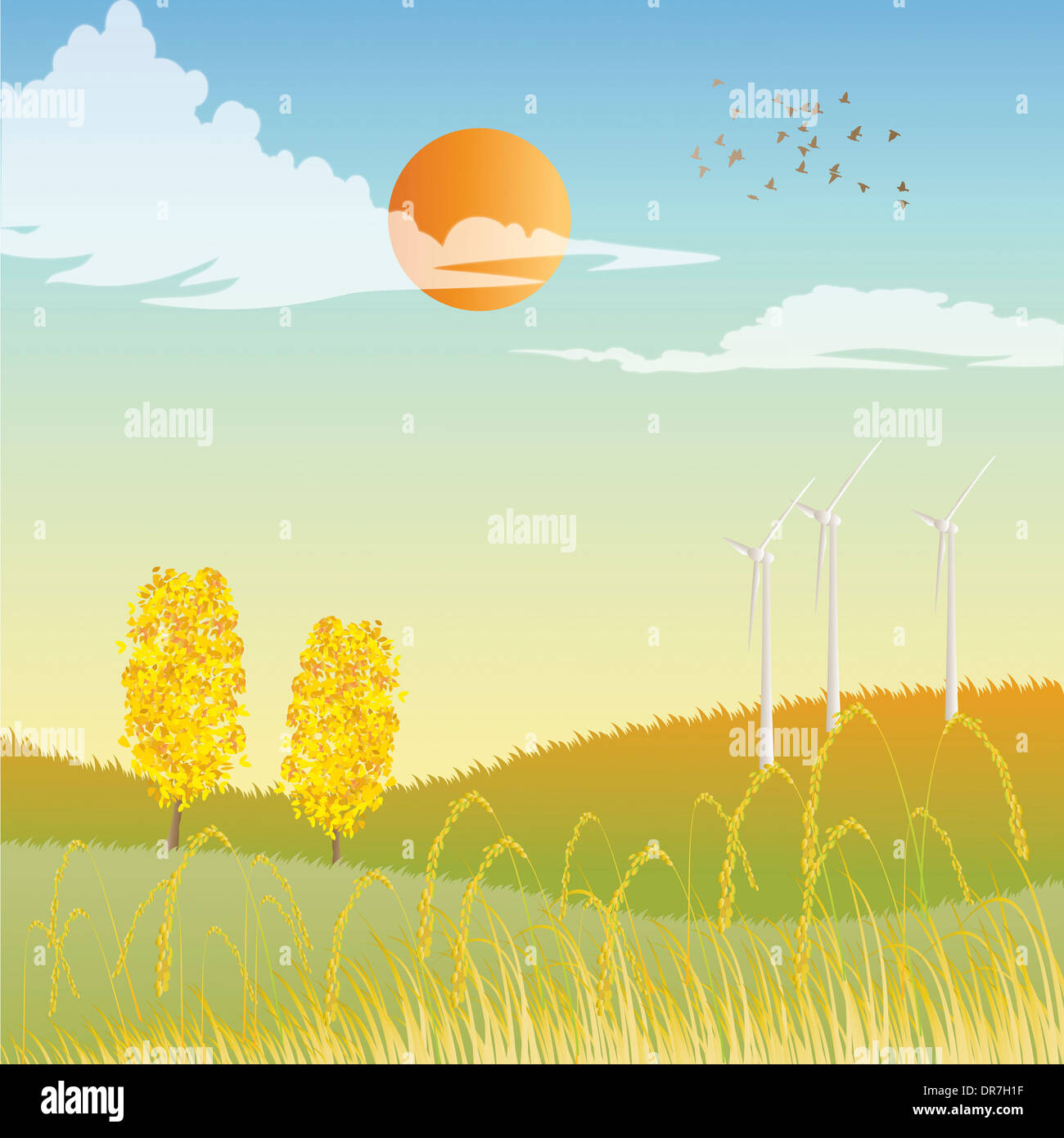 illustration of an autumn field with trees Stock Photo - Alamy