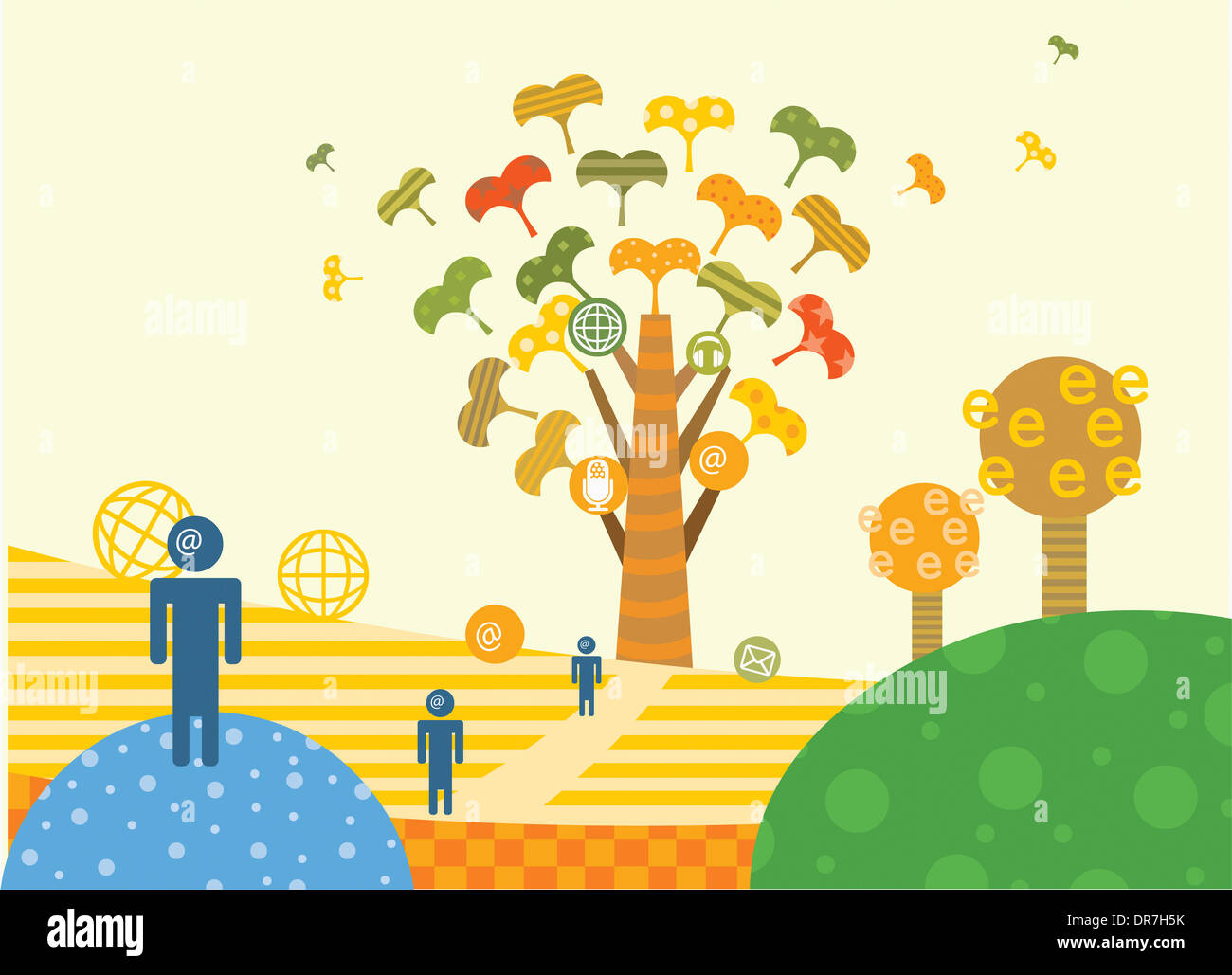 illustration of a tree and human figures on a unique land Stock Photo ...