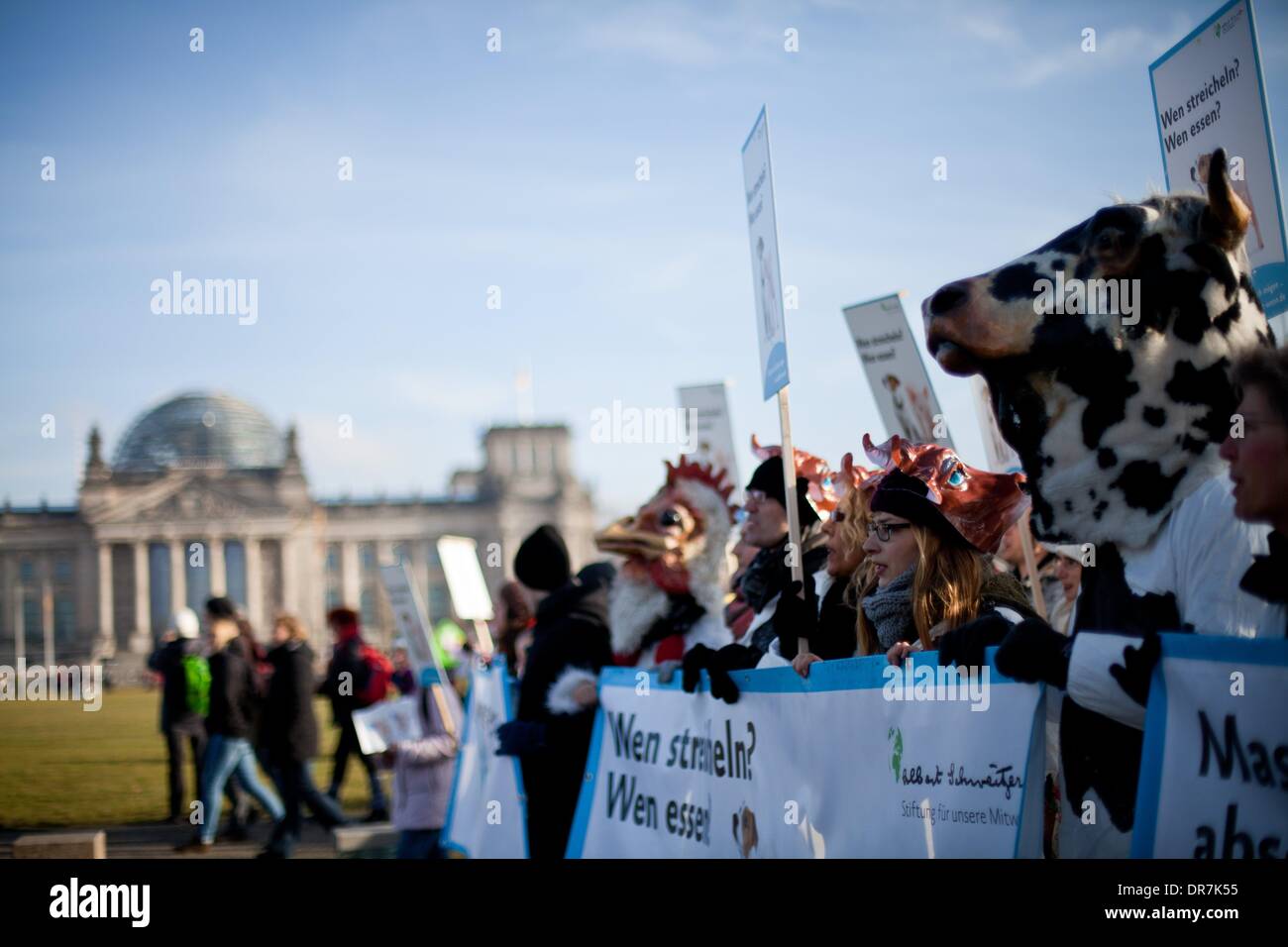 Berlin, Germany. 18th Jan, 2014. Protesters hold banners on a protest ...