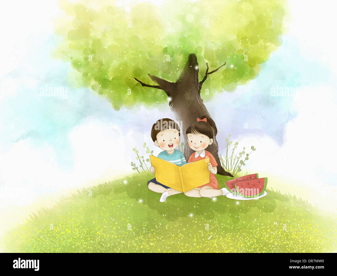 illustration of kids reading a book under a tree Stock Photo - Alamy