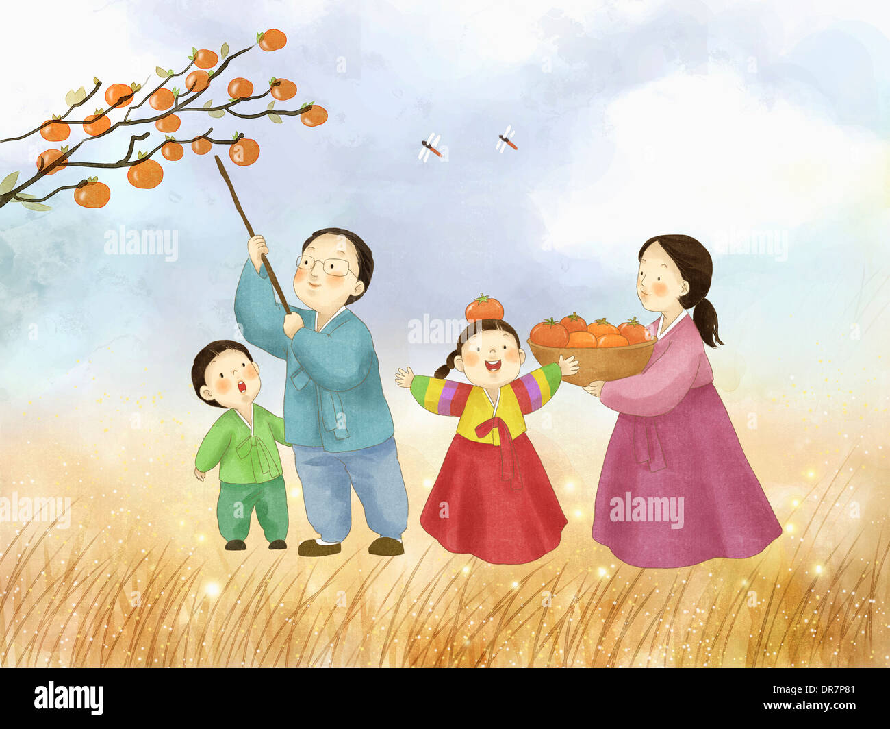 illustration of family enjoying Chuseok Stock Photo - Alamy
