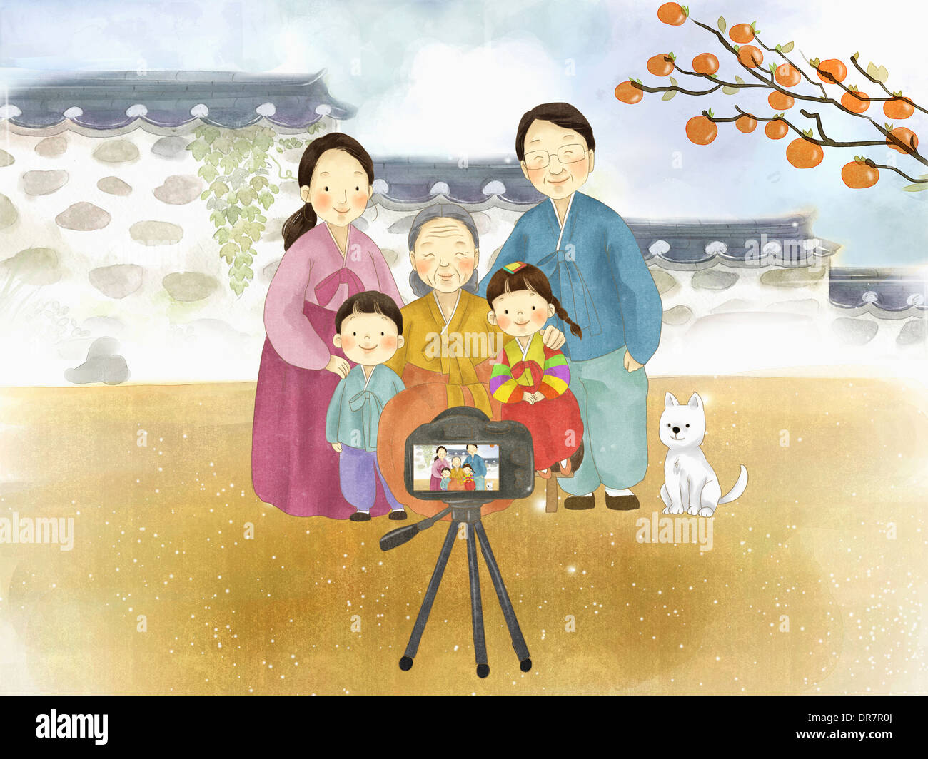 illustration of family taking a picture Stock Photo - Alamy