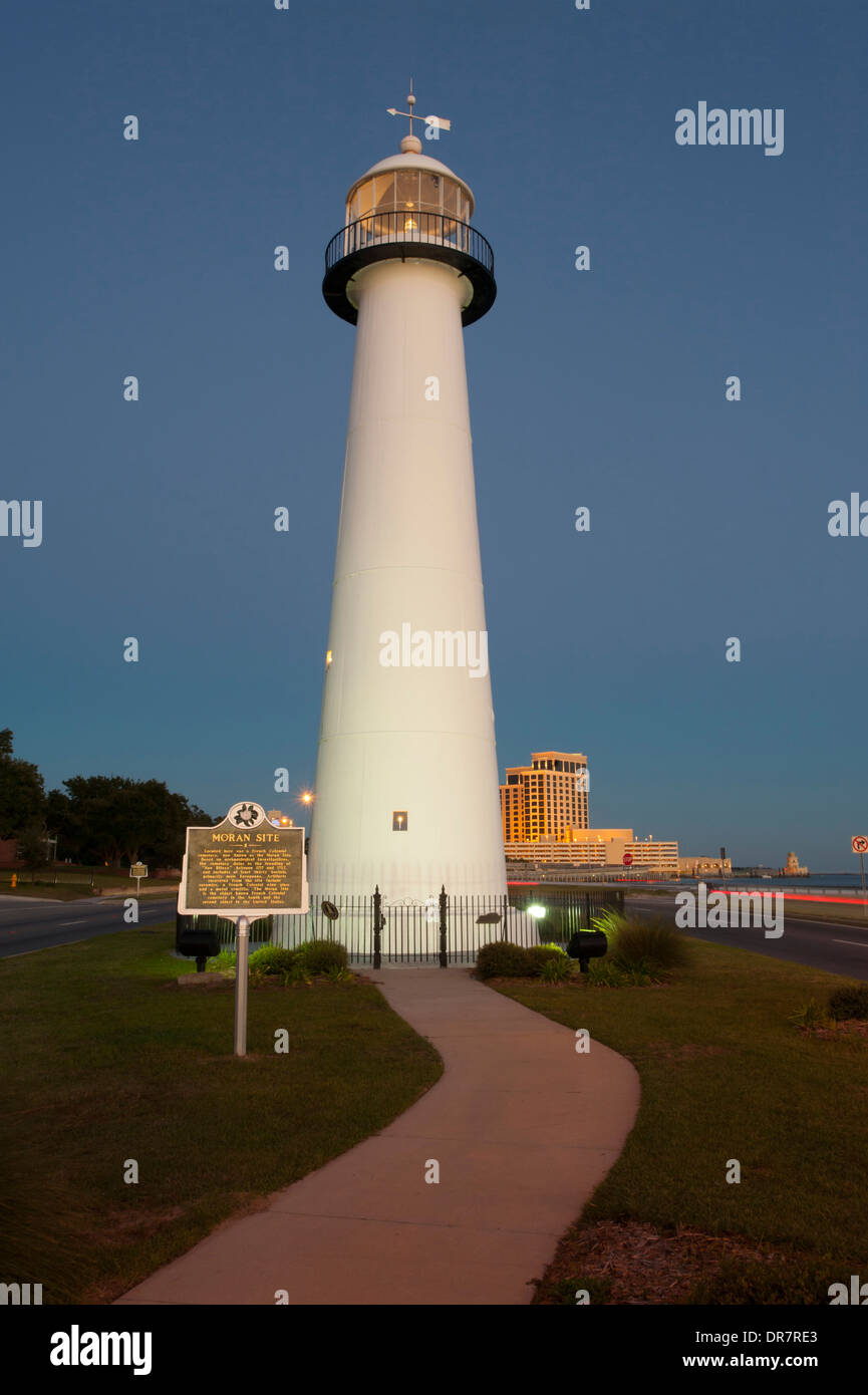 USA Mississippi MS Biloxi Lighthouse at dusk night beacon on the shores ...