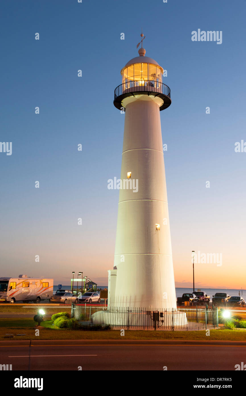 USA Mississippi MS Biloxi Lighthouse at dusk night beacon on the shores ...