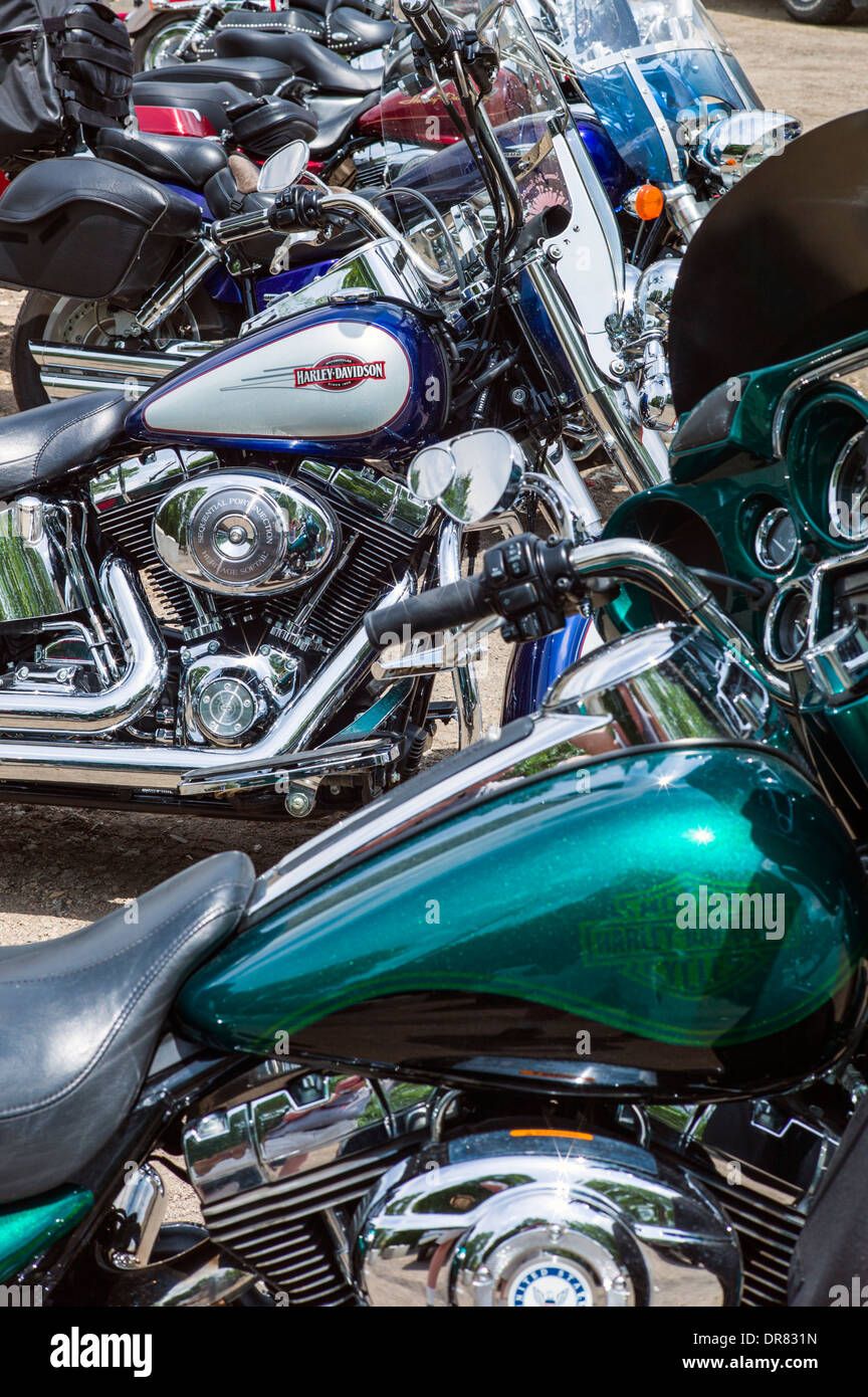 Harley Davidson motorcycles lined up on a sunny clear summer day Stock ...