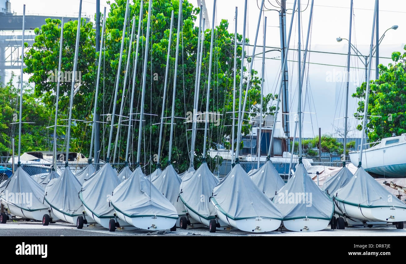 Group of small covered sailboats in the parking lot of a marina Stock ...