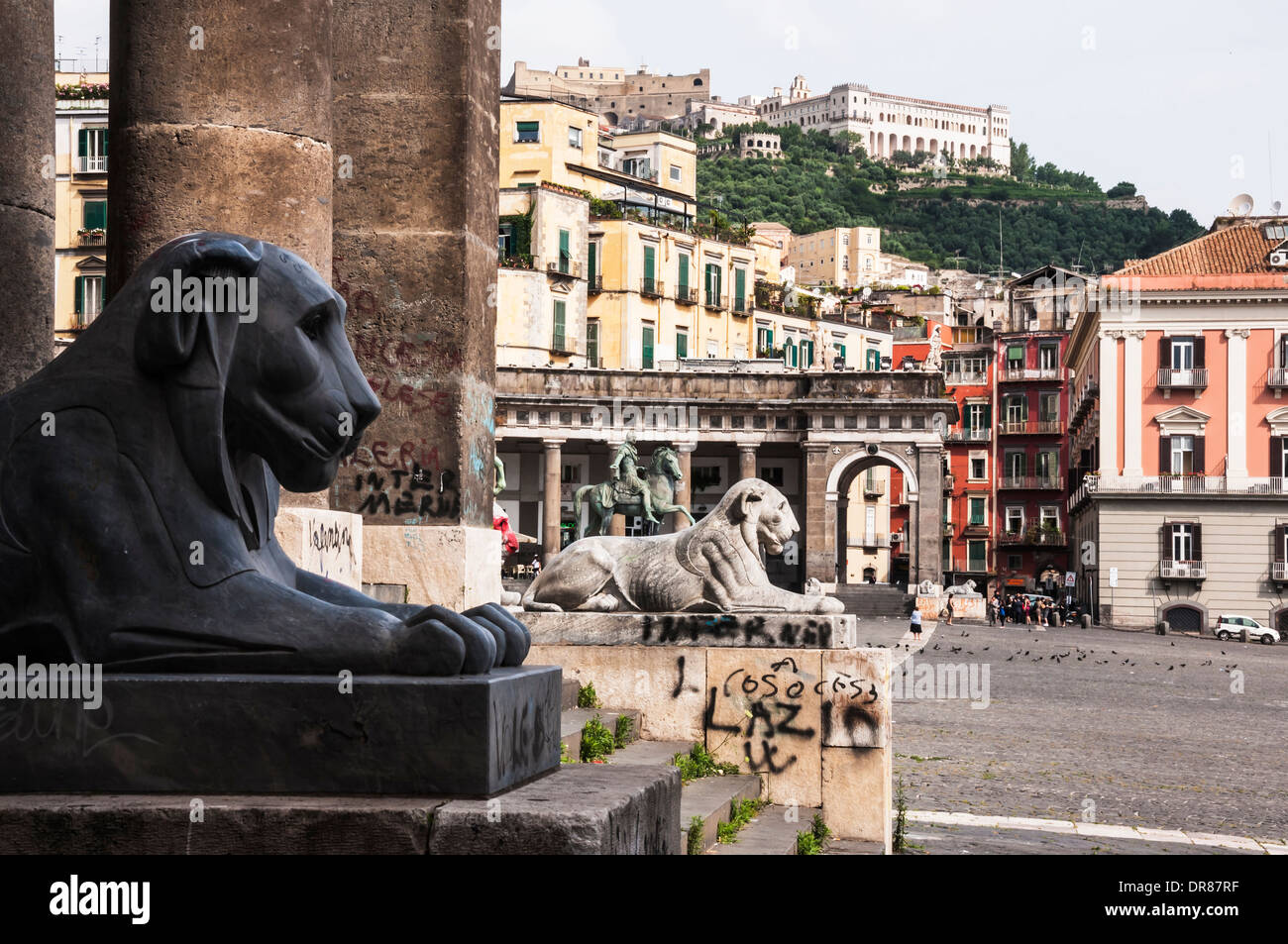 view, square and statues in Piazza Plebiscito, Naples, Italy Stock ...