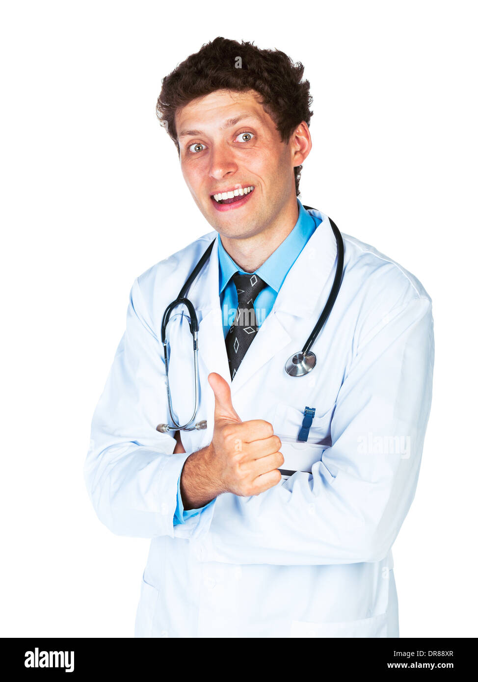 Portrait of a smiling male doctor with finger up on white background ...