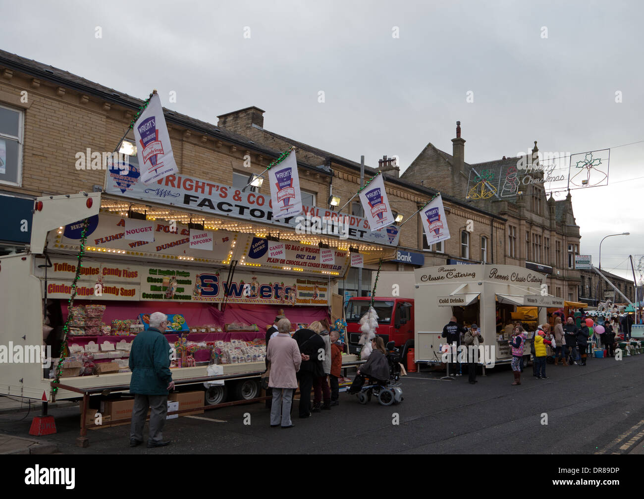 Brighouse Victorian Christmas Market . Fairground stall selling brandy ...