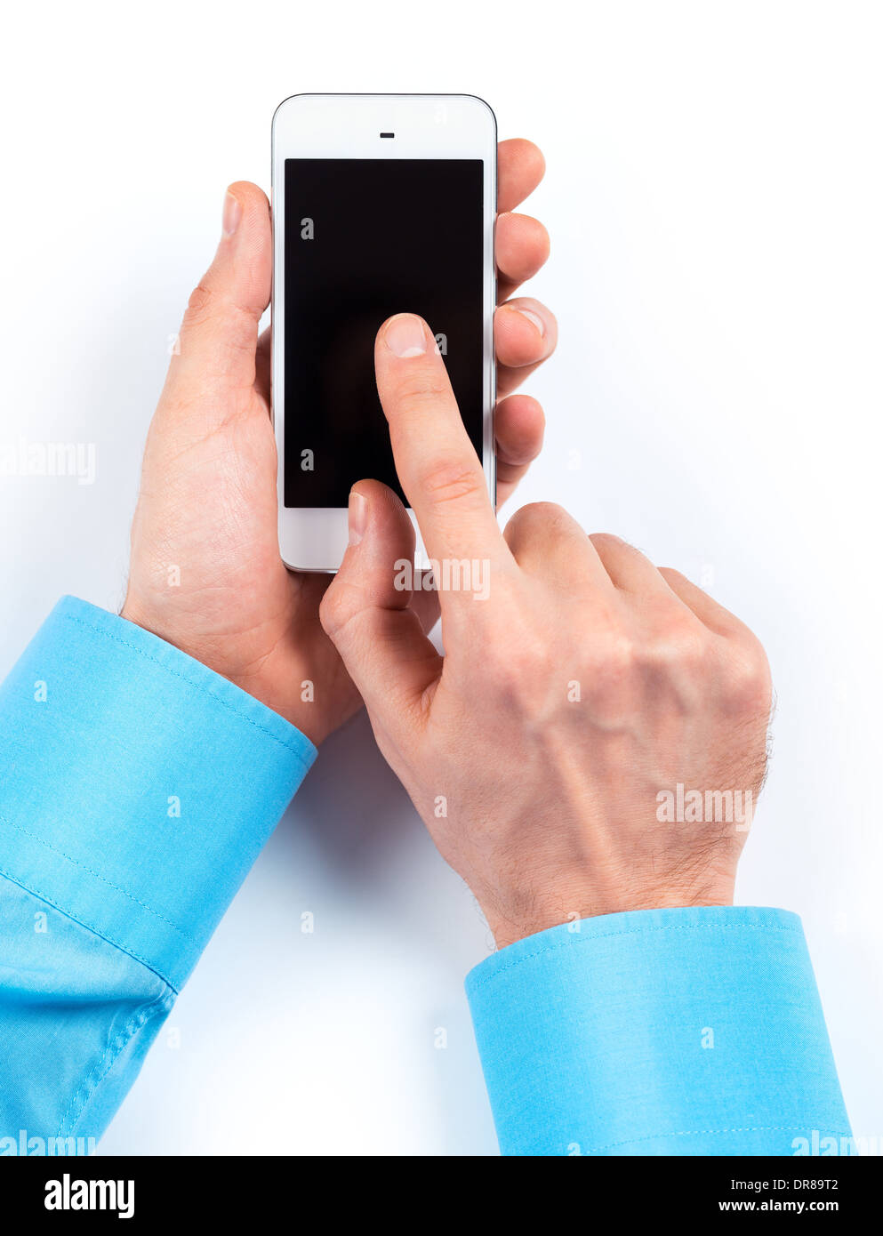 Businessman's hands using smartphone on white background Stock Photo ...