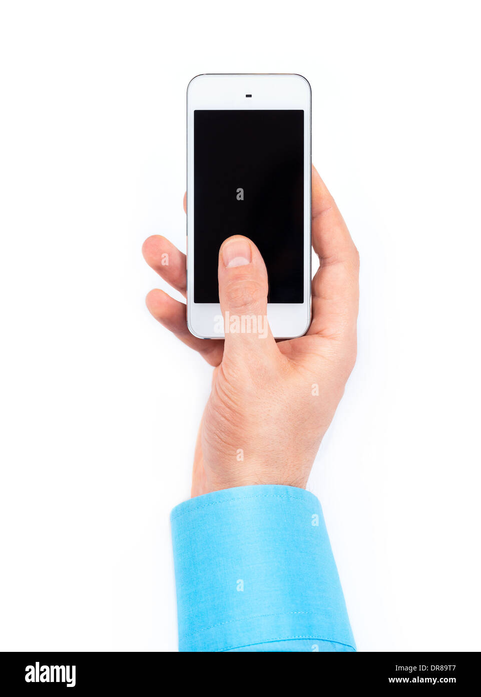 Businessman's hand using smartphone on white background Stock Photo - Alamy