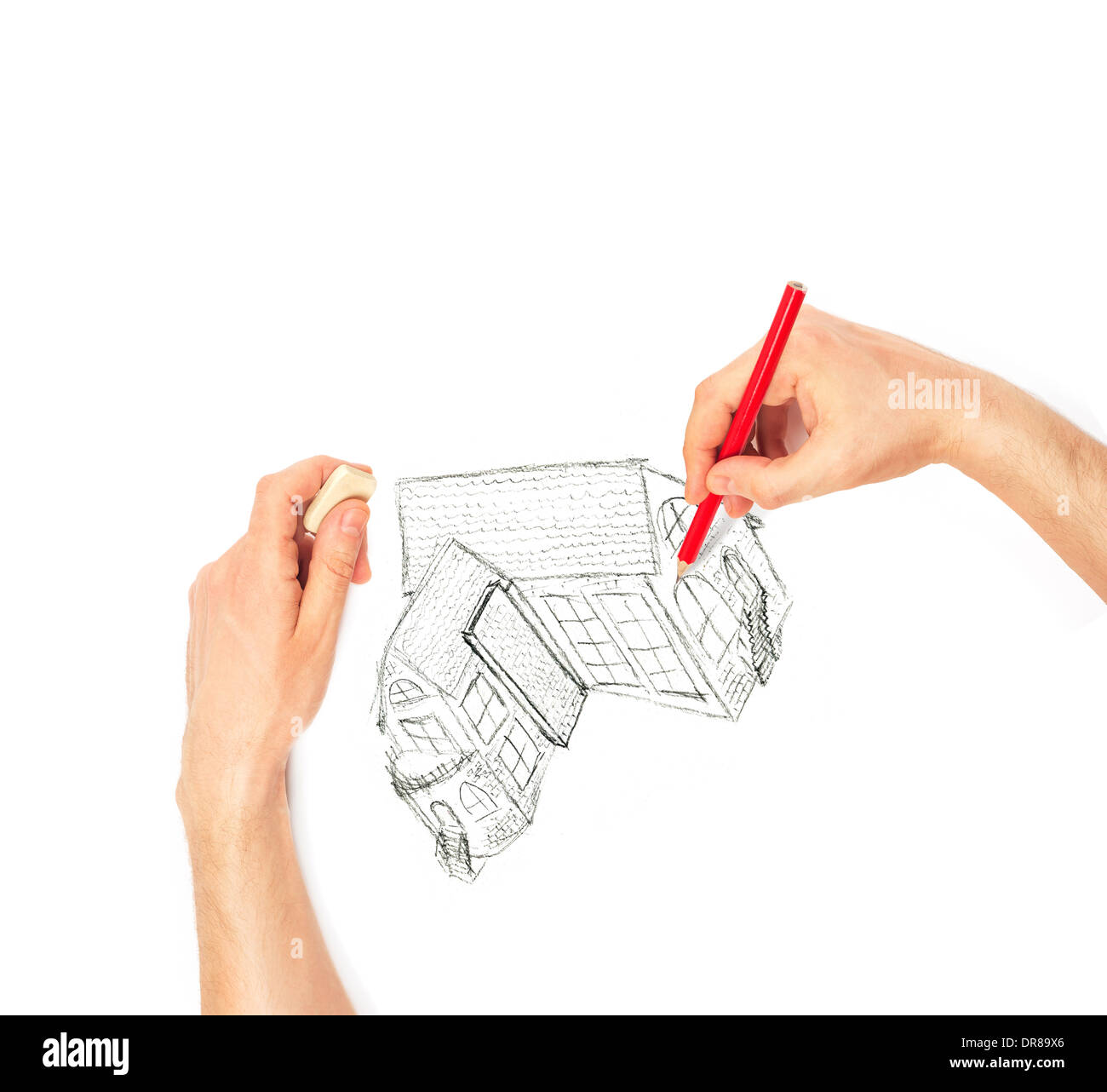 Hands drawing big house on a white background Stock Photo - Alamy