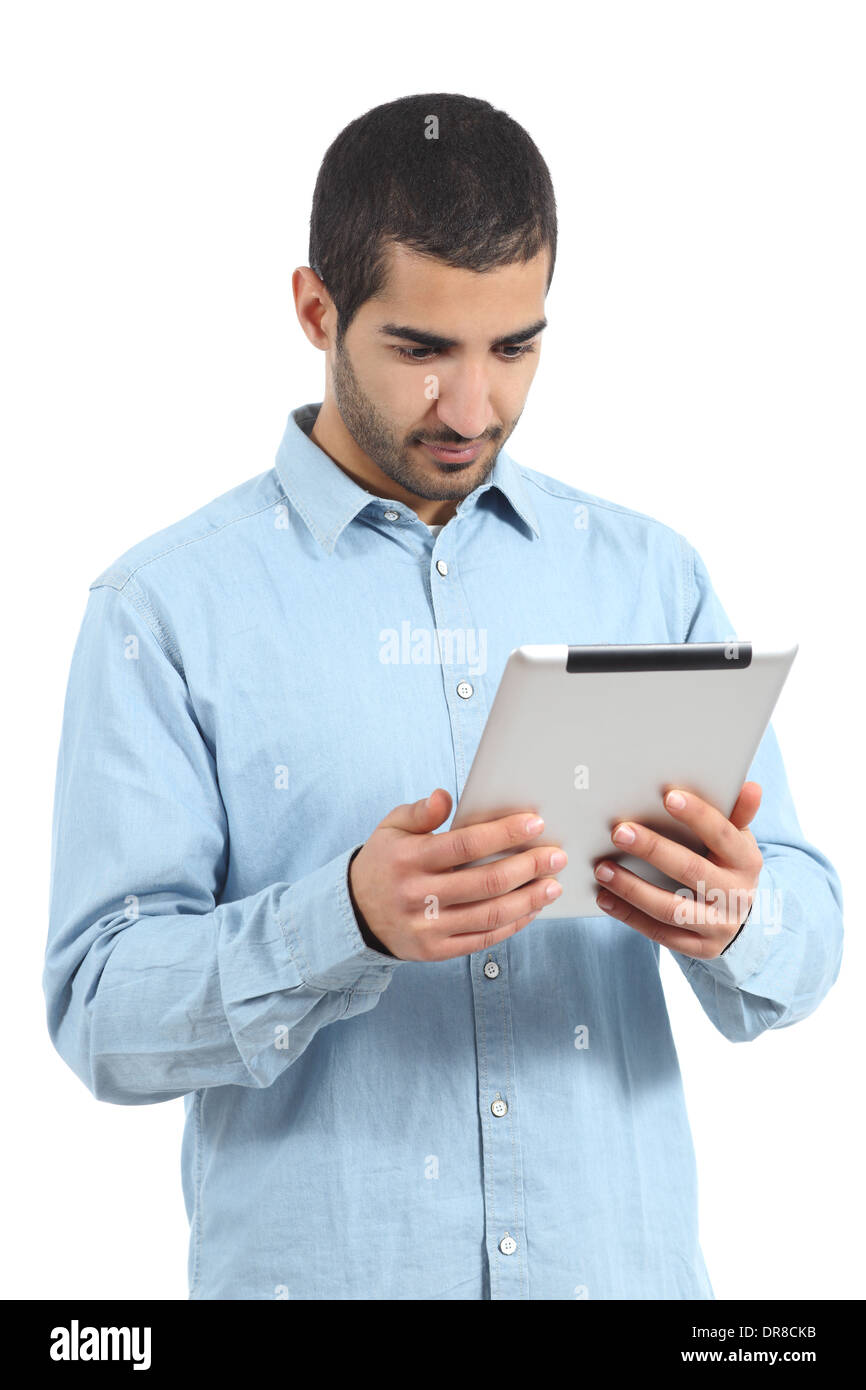 Arab saudi man reading a tablet reader isolated on a white background ...
