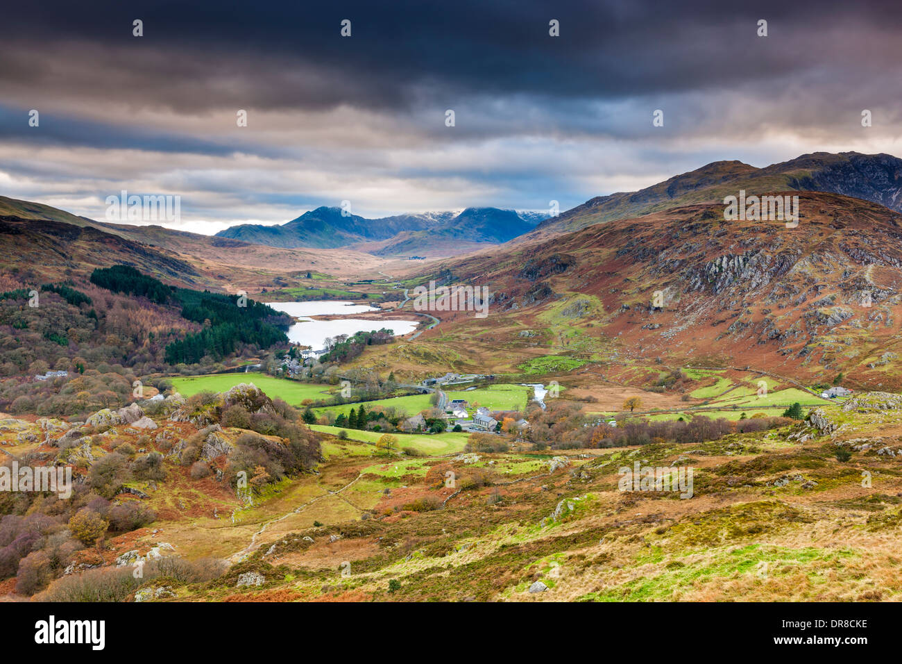View above Capel Curig with Mount Snowdon in the background, Snowdonia ...