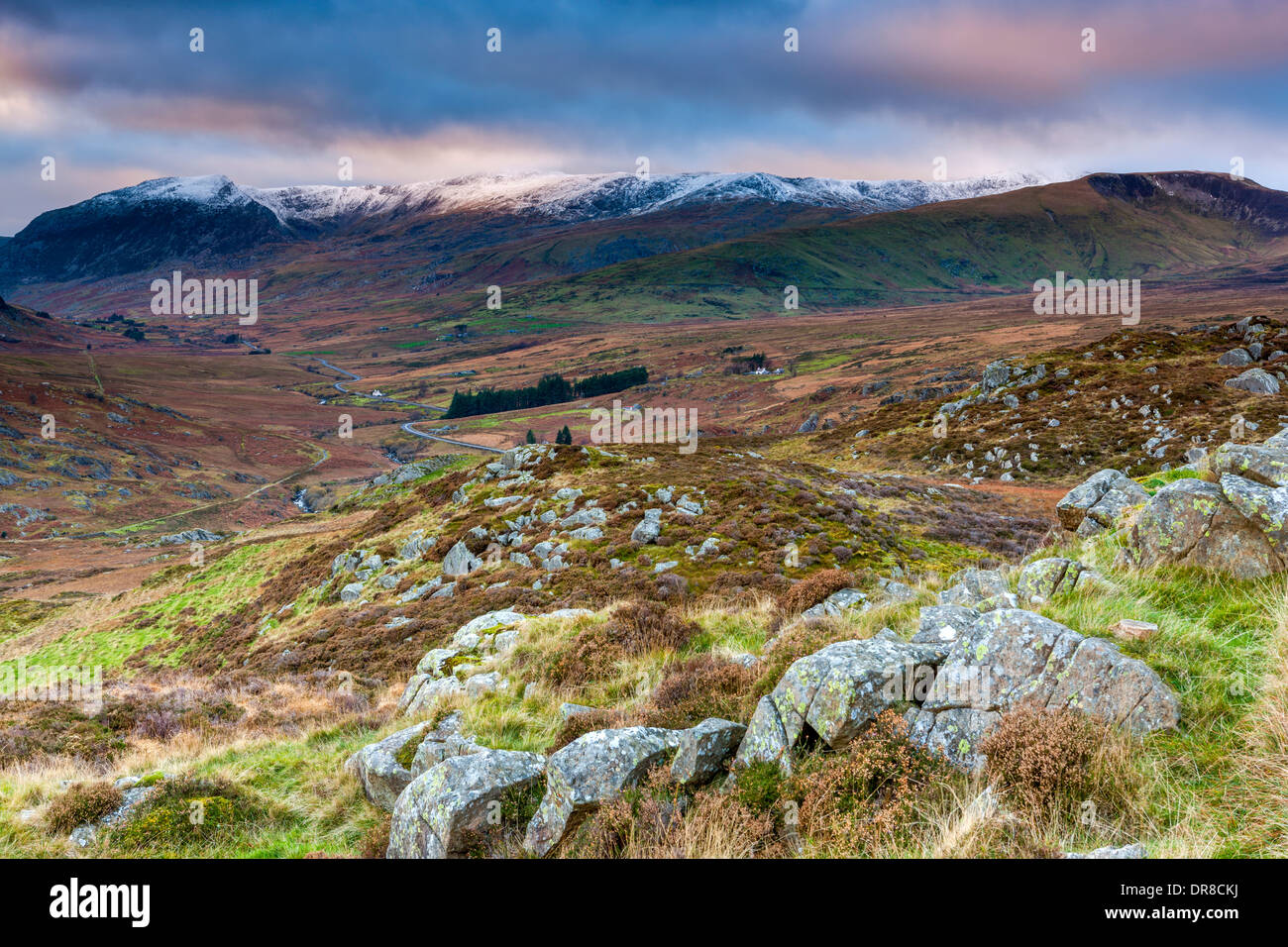 View above Capel Curig, Looking towards the Ogwen Valley and the snow ...