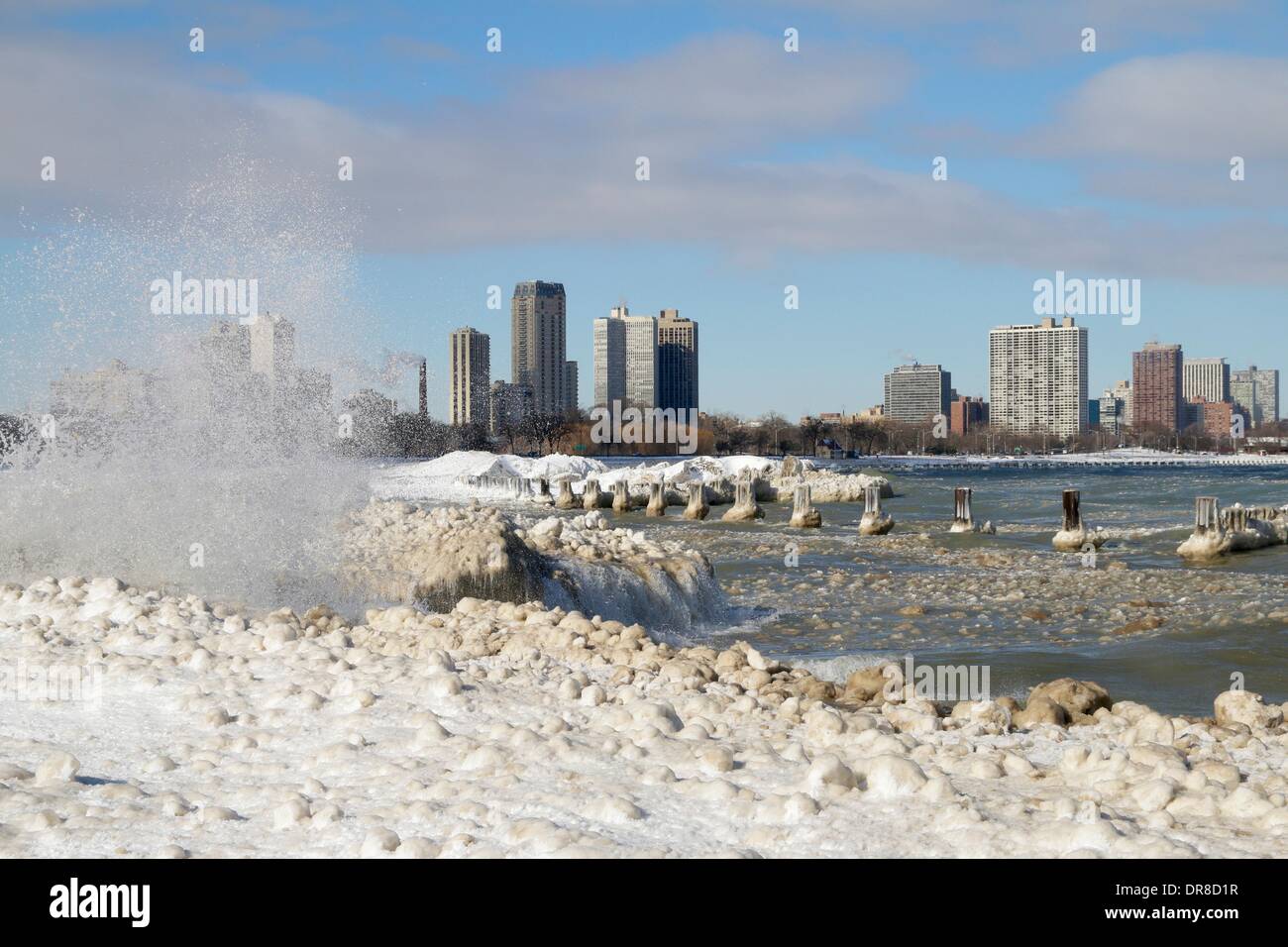 Chicago, USA. 21st January 2014. Lake Michigan waves crash into ice ...