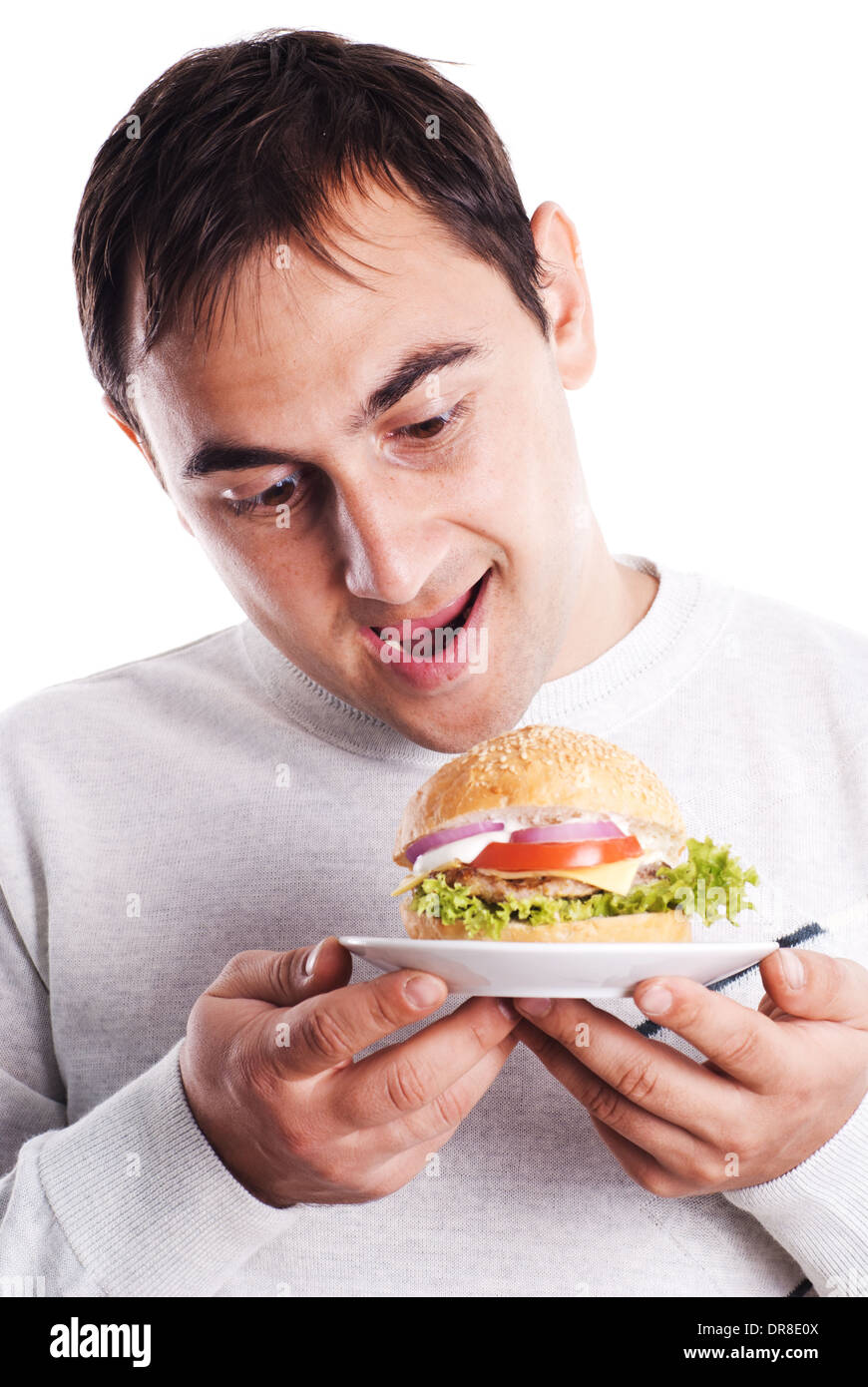 Hungry man very need a hamburger isolated on white background Stock ...